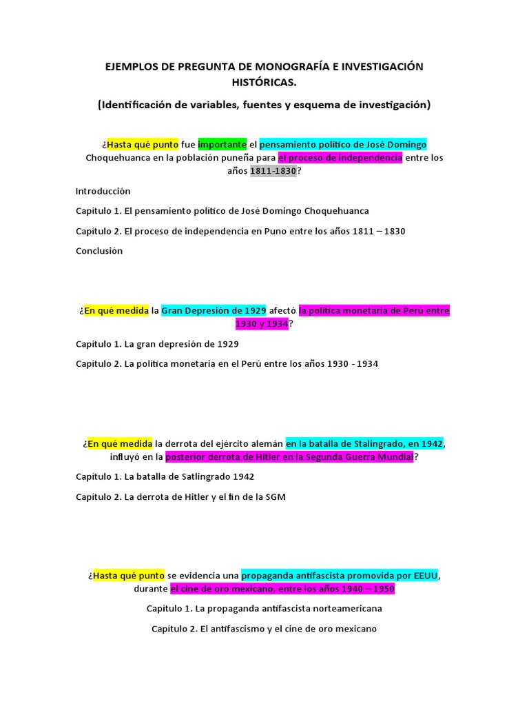 Ejemplos de Pregunta de Monografía E Investigación Históricas. (Identificación de Variables ...