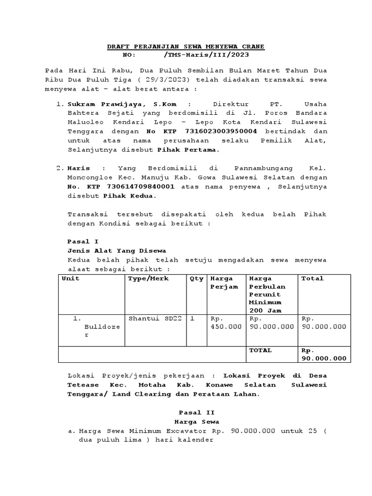 Kontrak Sewa Alat Berat Crane | PDF | Hukum