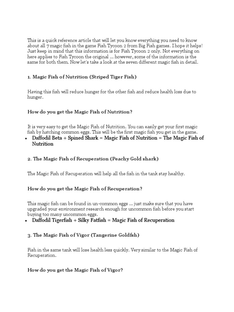 Fish Tycoon 2: All 7 Magic Fish Guide | PDF | Cooking, Food & Wine ...
