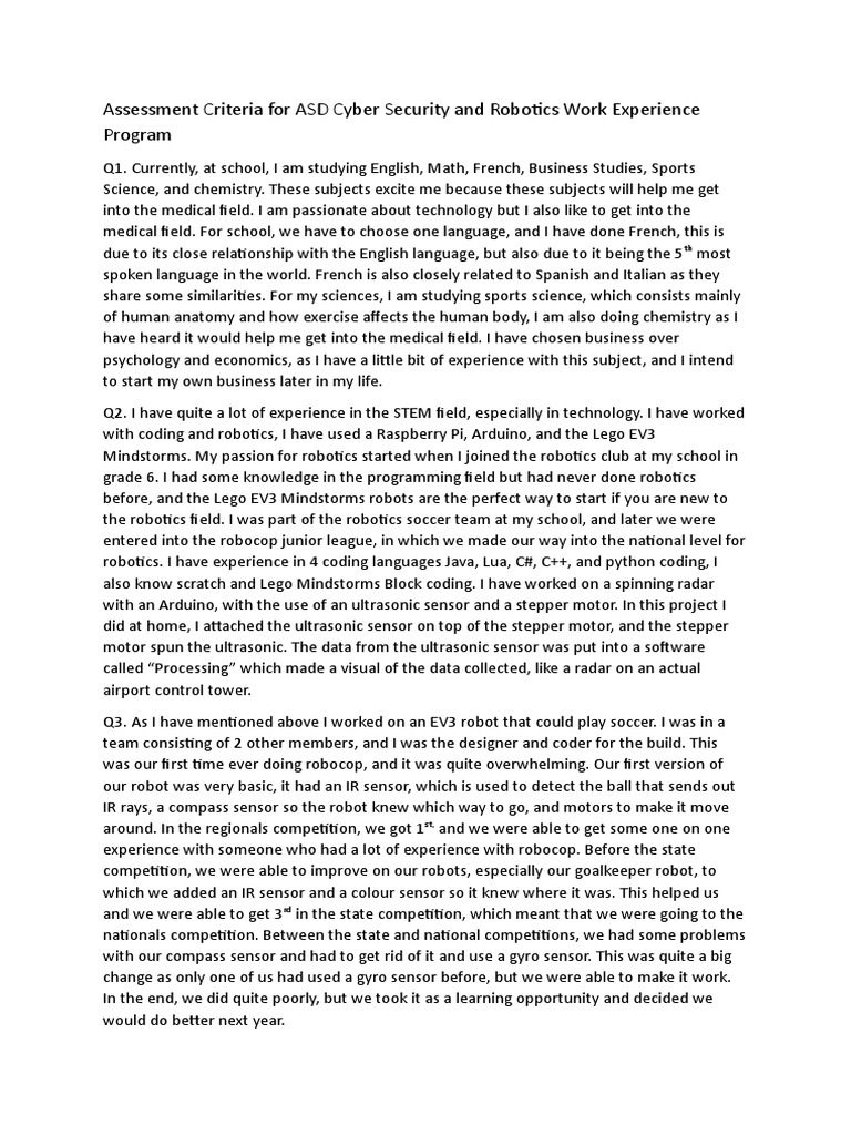 Assessment Criteria For ASD Cyber Security and Robotics Work Experience ...