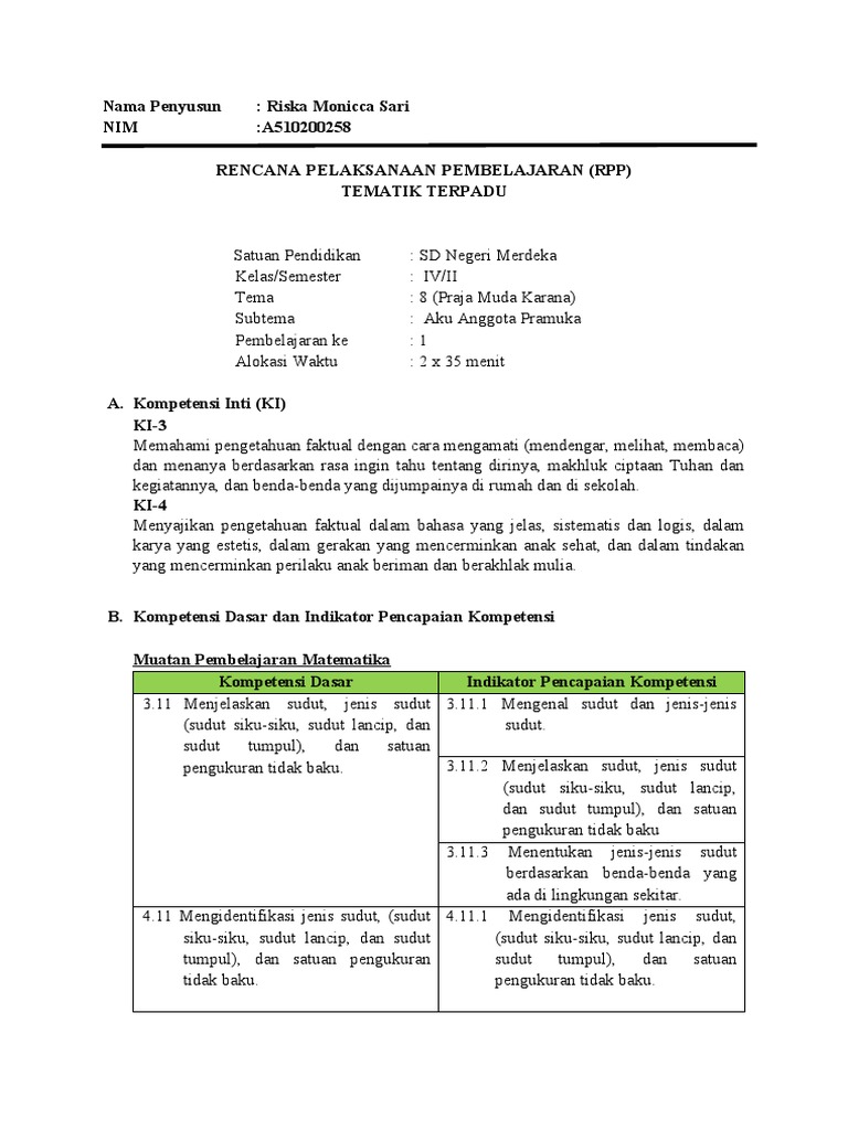A510200258 - Riska Monicca Sari - RPP PP MATEMATIKA SD | PDF | Kajian ...