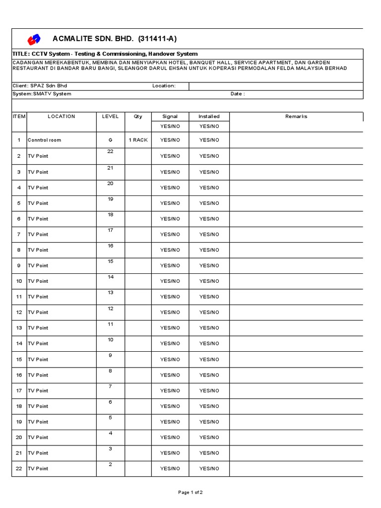 SMATV System Installation and Commissioning Report for SPAZ Sdn Bhd | PDF