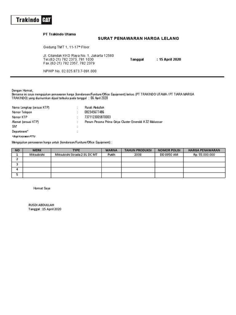 Pemohonnan Lelang PT Trakindo Utama | PDF