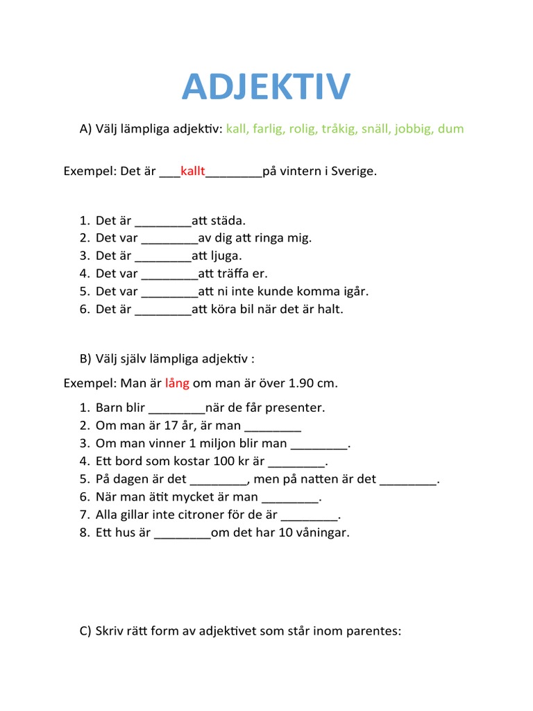 Adjektiv: Kallt | PDF