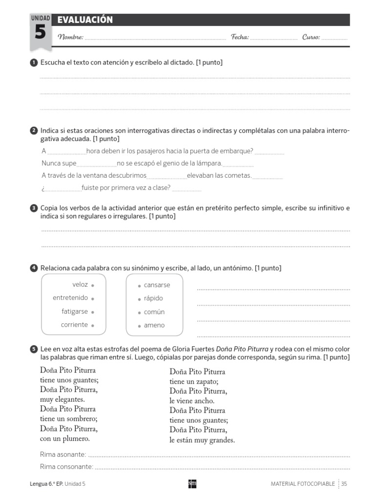 Lengua 6 Evaluacion | PDF | Verbo | Rima