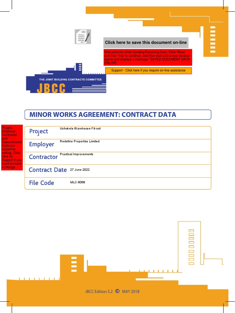 Minor Works Agreement: Contract Data: Click Here To Save This Document On-Line | PDF ...