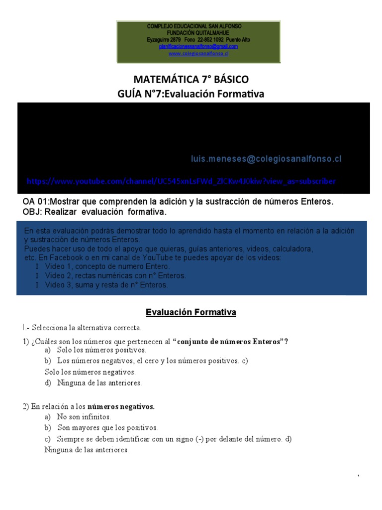 Matemática 7° Básico GUÍA N°7:Evaluación Formativa: Evaluación ...