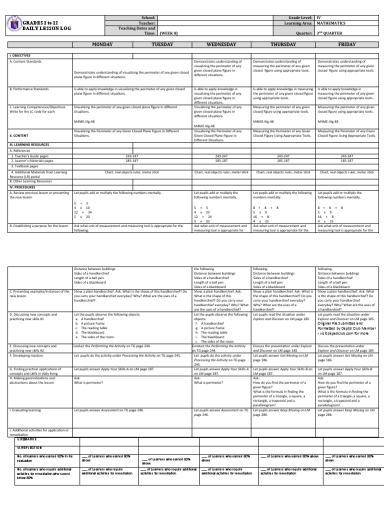 DLL Mathematics-4 Q3 W8 | PDF | Learning | Cognition