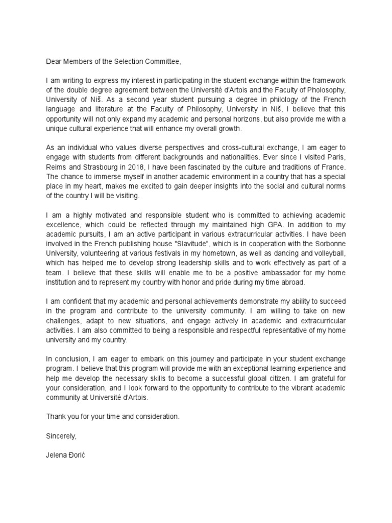 Student Exchange Application Letter | PDF | Cognition | Behavior ...