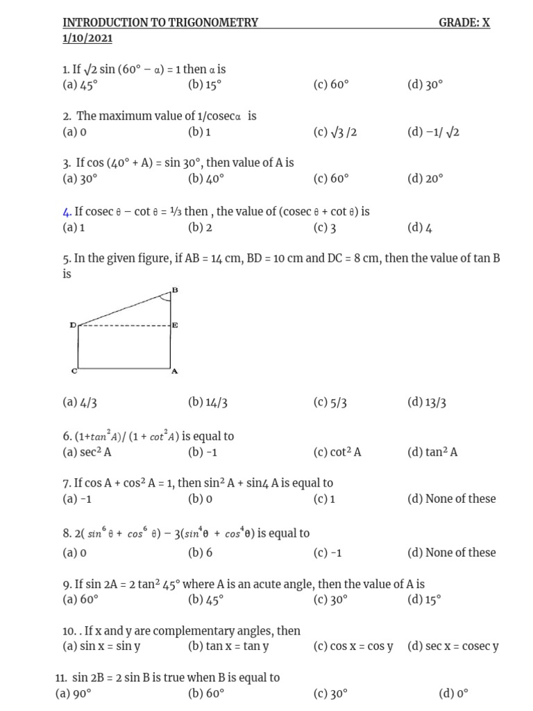 Trigonometry - Grade X - MCQ | PDF