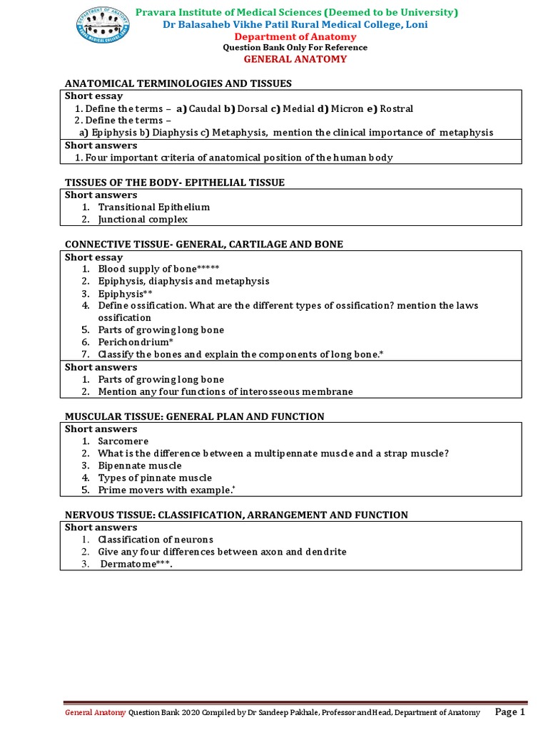 Question Bank General Anatomy | PDF | Bone | Joint