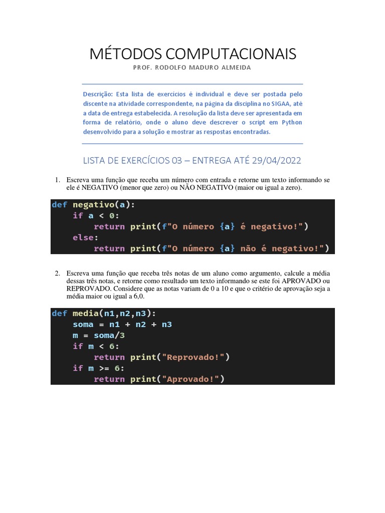 Exercícios de Python para Métodos Computacionais | PDF | Objetos matemáticos | Conceitos matemáticos