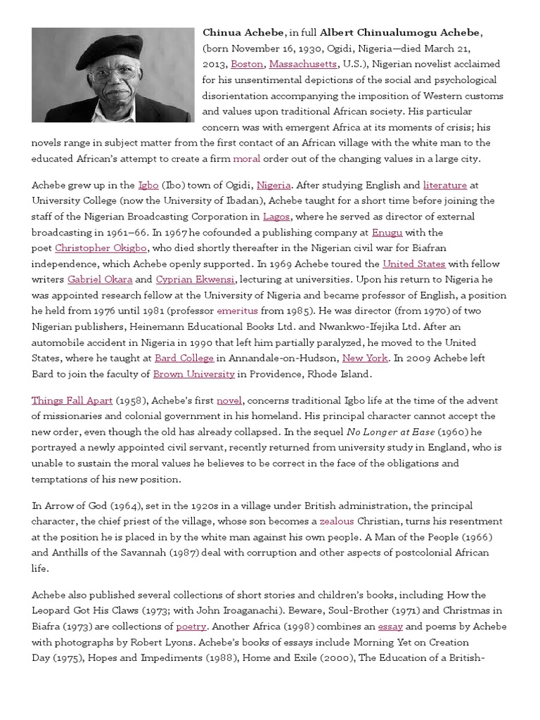 Chinua Achebe (Author and Work Analysis Research) | PDF | General Fiction