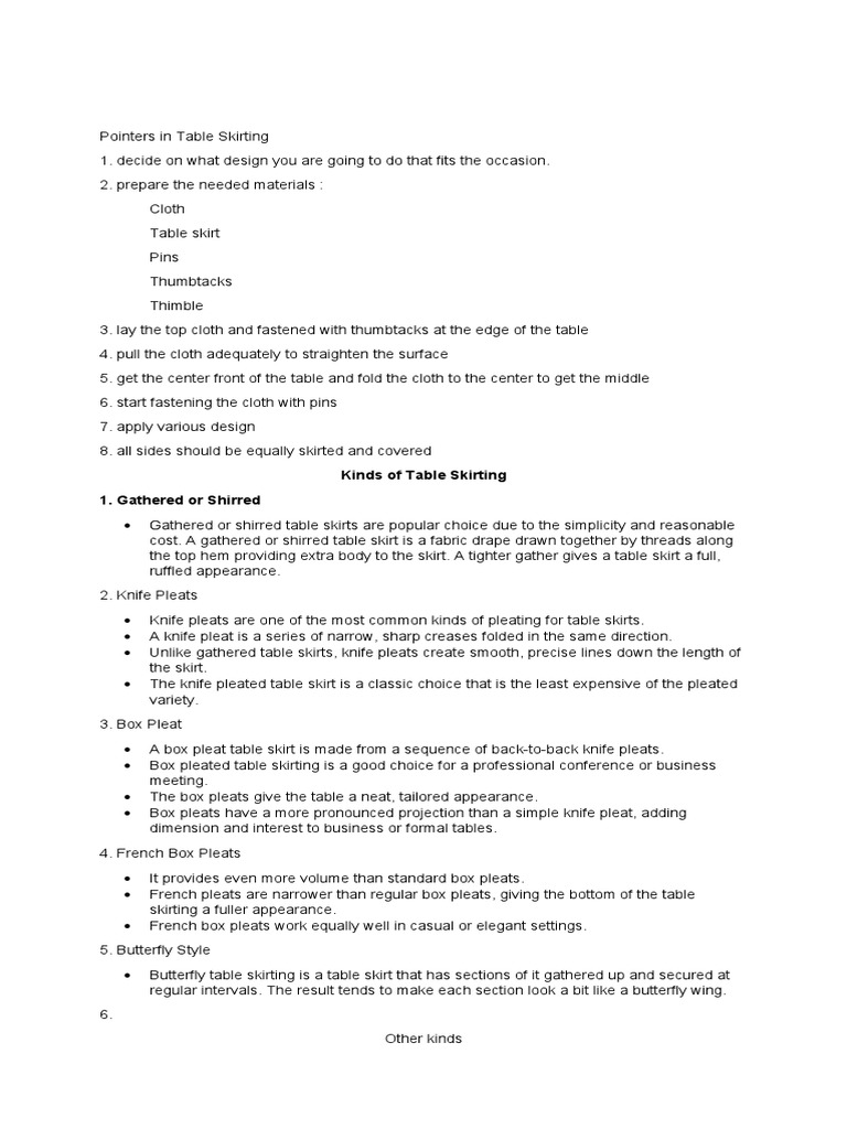 Pointers in Table Skirting | PDF | Skirt | Softlines (Retail)