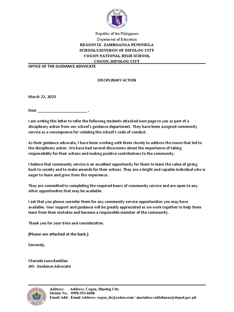 Disciplinary Action - Letter (Referral For 2 or More Involved) | PDF
