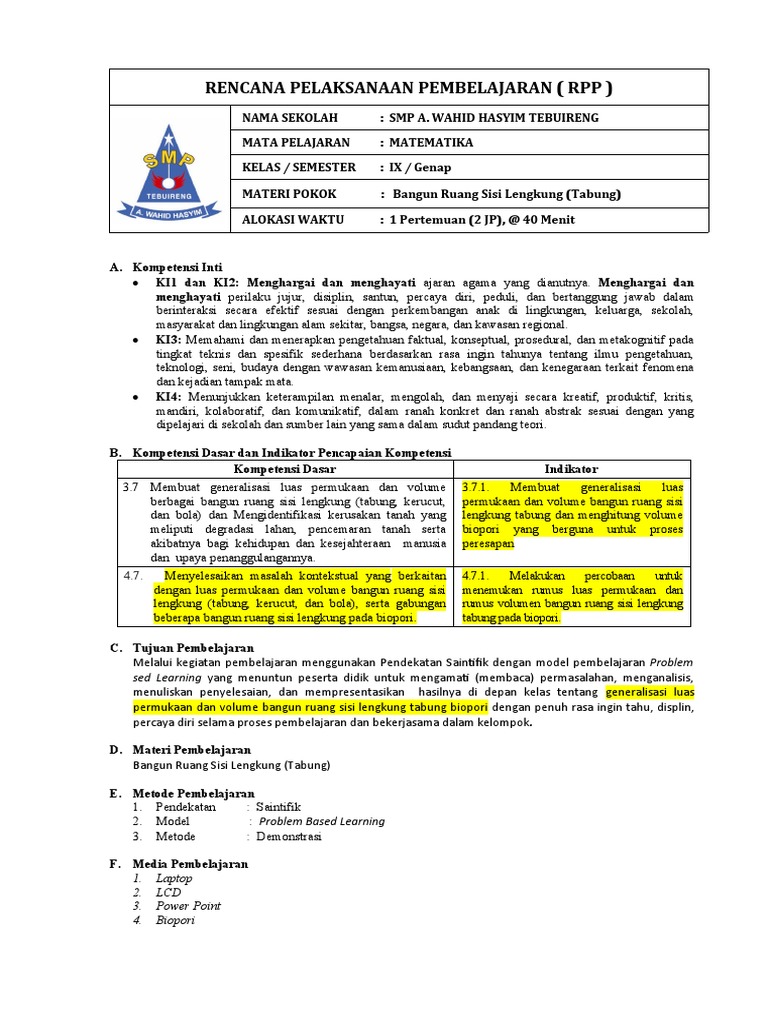 Matematika - RPP Adiwiyata - Kelas 9 | PDF