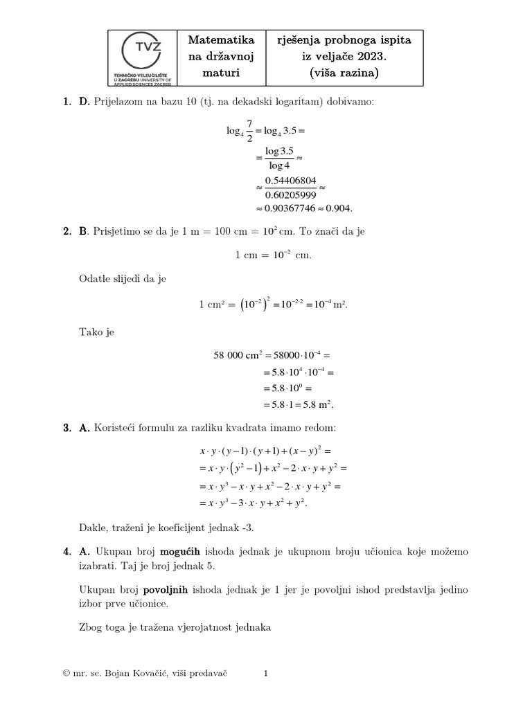 Mata - Probni Ispit - Veljaca 2023 - Rjesenja | PDF