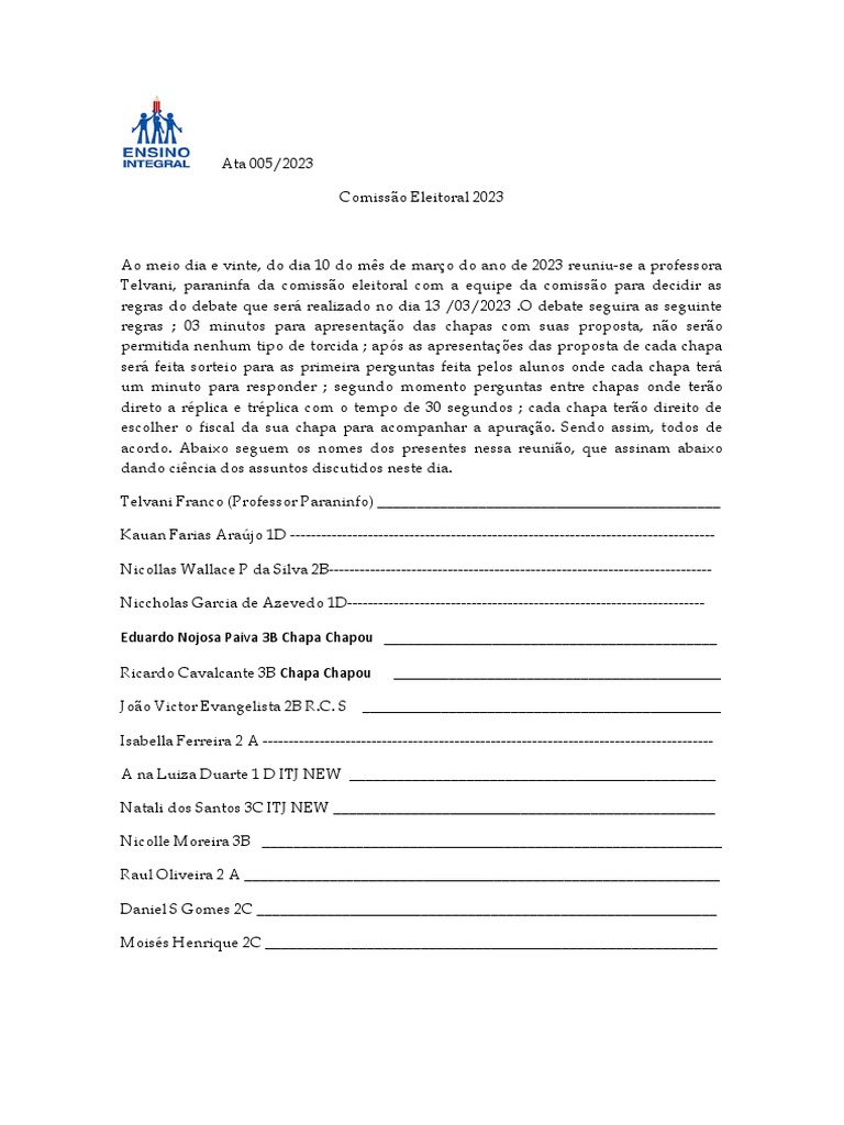 Ata 05 de Alinhamento Grêmio Estudantil 2023 Regras para o Debate Data ...