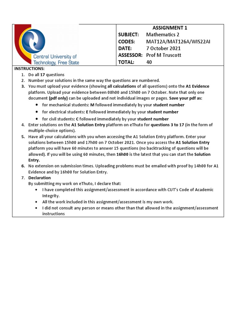 2021 MAT12A MAT126A WIS22AI Test1 Paper Ethuto | PDF | Derivative ...