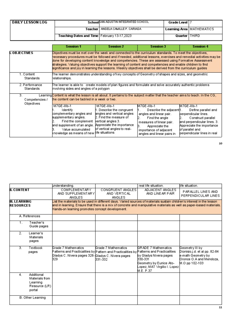 Week 2 DLL Math 7 q3 NEW | PDF | Angle | Perpendicular