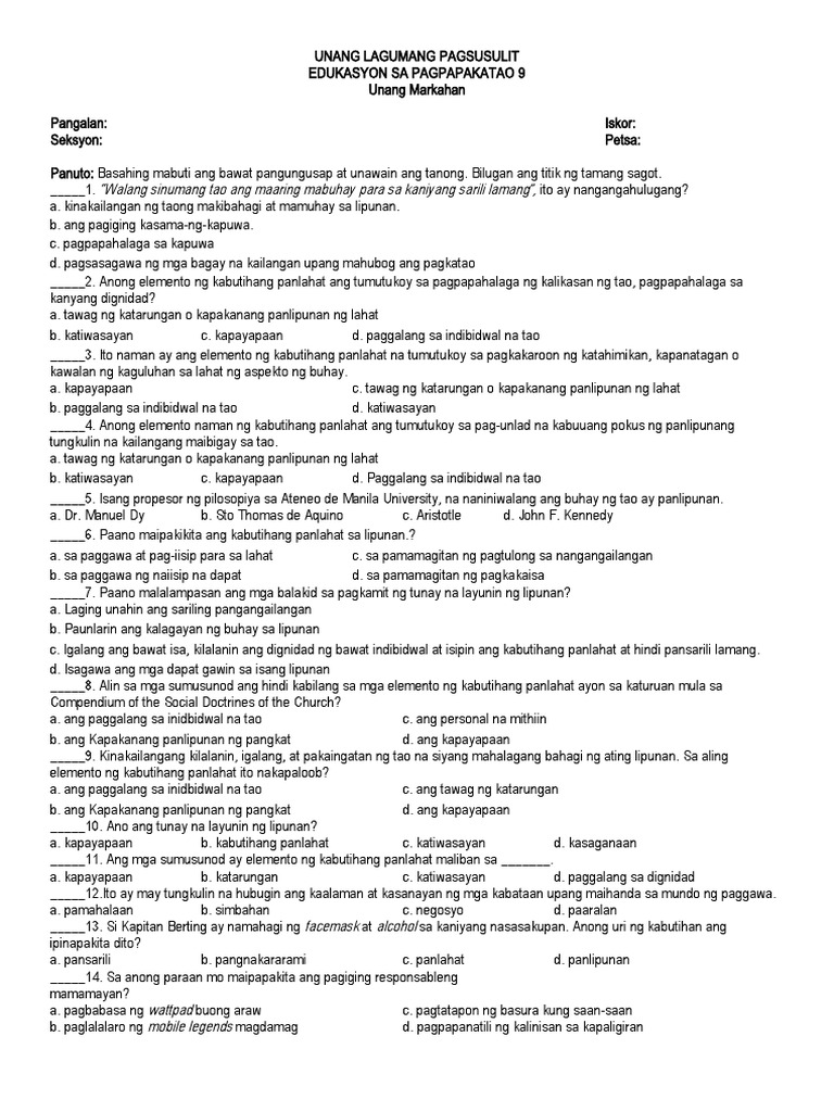 Q1 ESP9 1st Summative | PDF