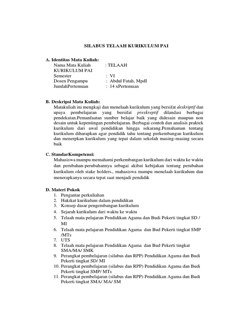 Silabus Telaah Kurikulum Pai | PDF