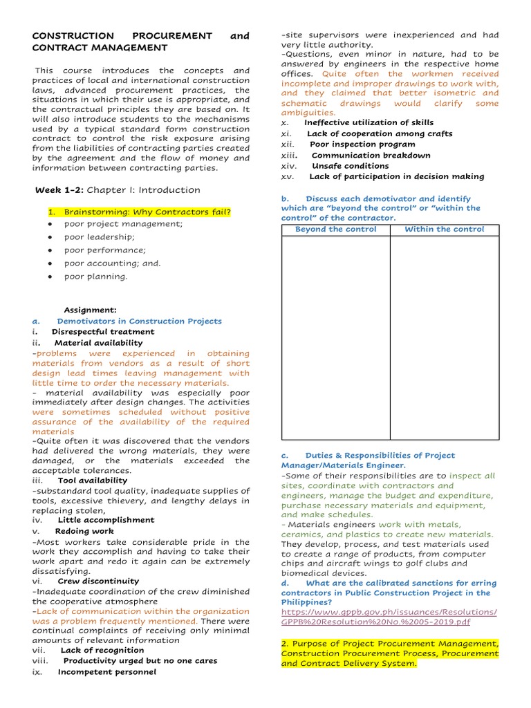 Construction Procurement and Contract Management: Week 1-2: Chapter I: Introduction | PDF ...