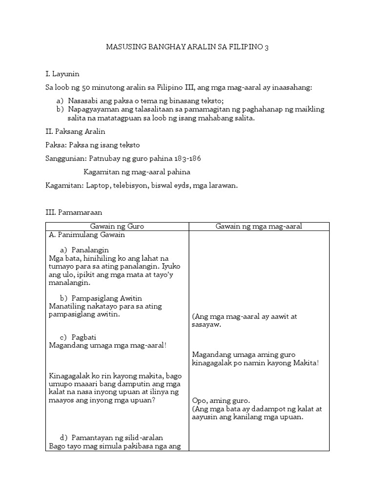 Masusing Banghay Aralin Sa Filipino 3 | PDF