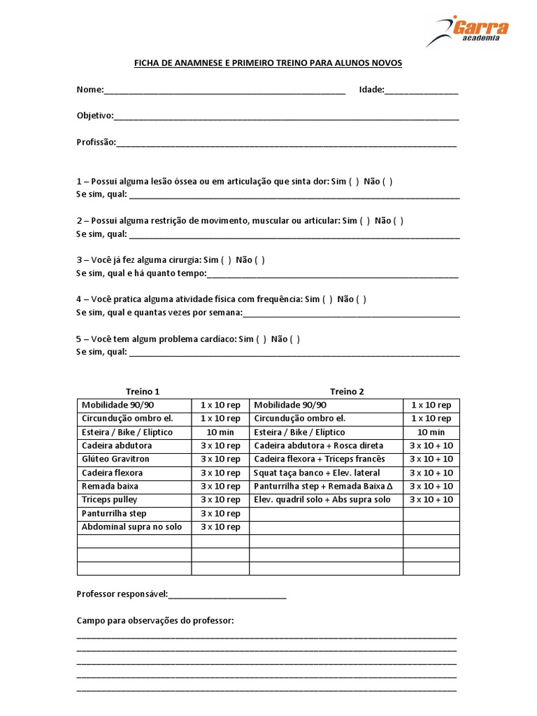 Ficha de Anamnese para Alunos Novos PDF | PDF
