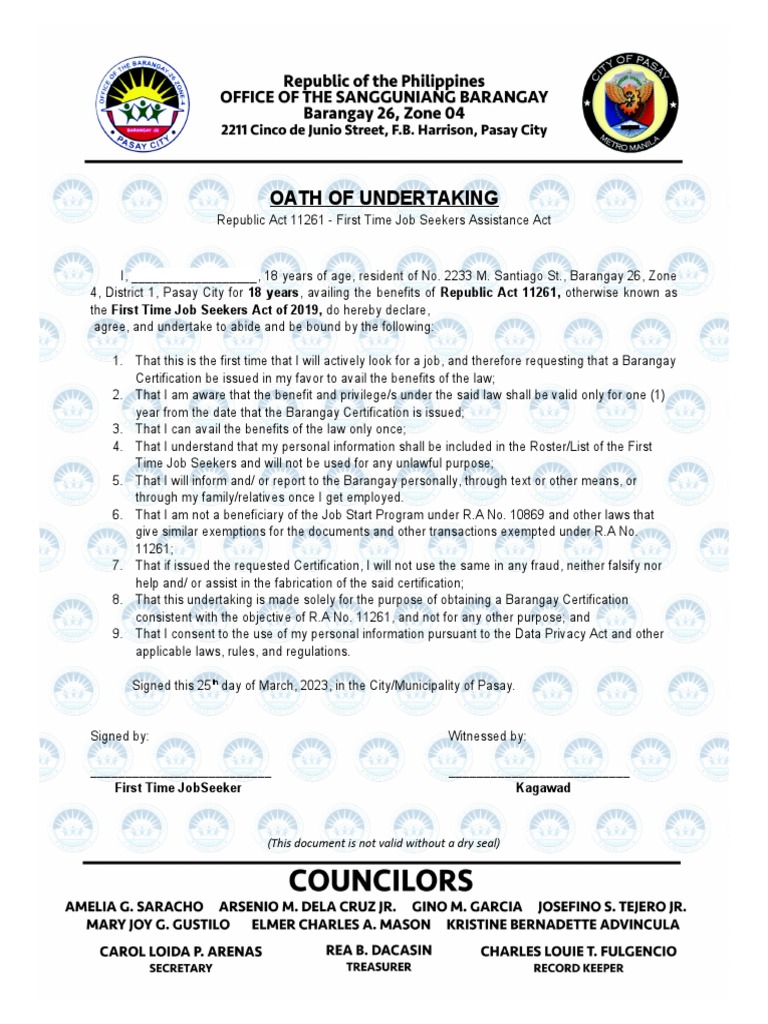 Oath of Undertaking: (This Document Is Not Valid Without A Dry Seal ...