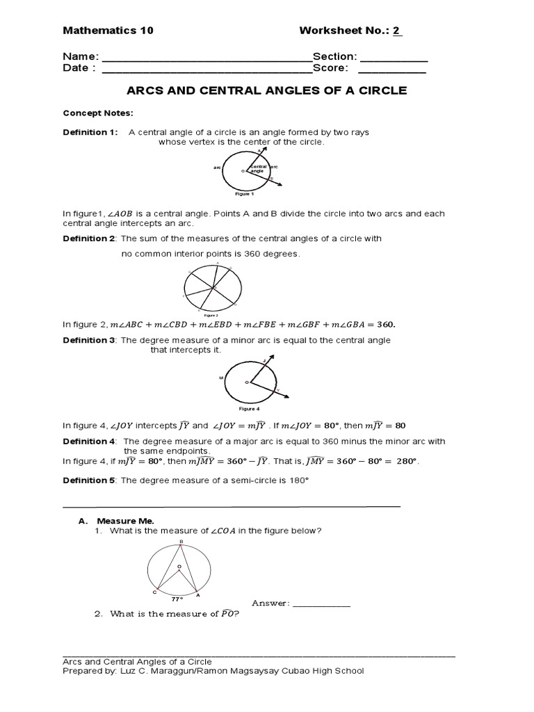 Q3 Worksheet Math 10 Central Angle | PDF | Angle | Circle