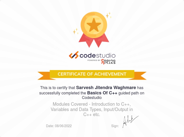 C++ Certificate of Codestudio | PDF