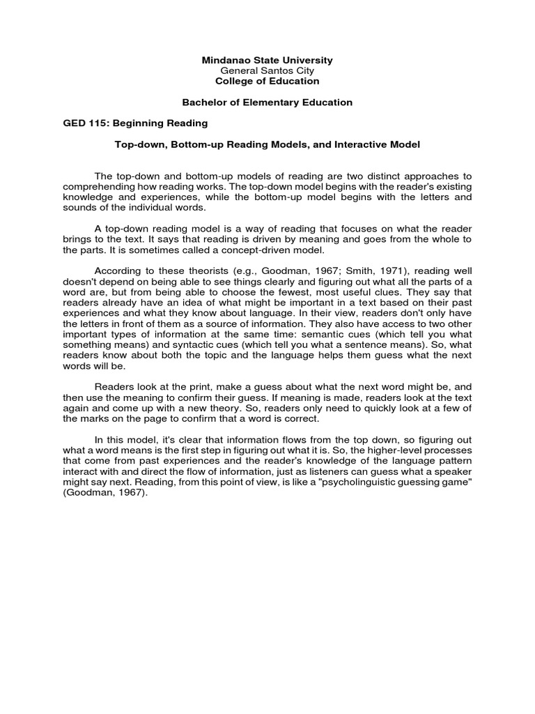 Three Reading Models Pdf Top Down And Bottom Up Design Reading