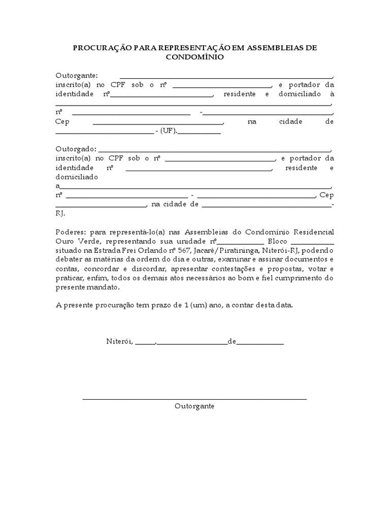 PROCURAÇÃO PARA REPRESENTAÇÃO EM ASSEMBLEIAS DE CONDOMÍNIO | PDF PROCURAÇÃO PARA REPRESENTAÇÃO EM ASSEMBLEIAS DE CONDOMÍNIO | PDF