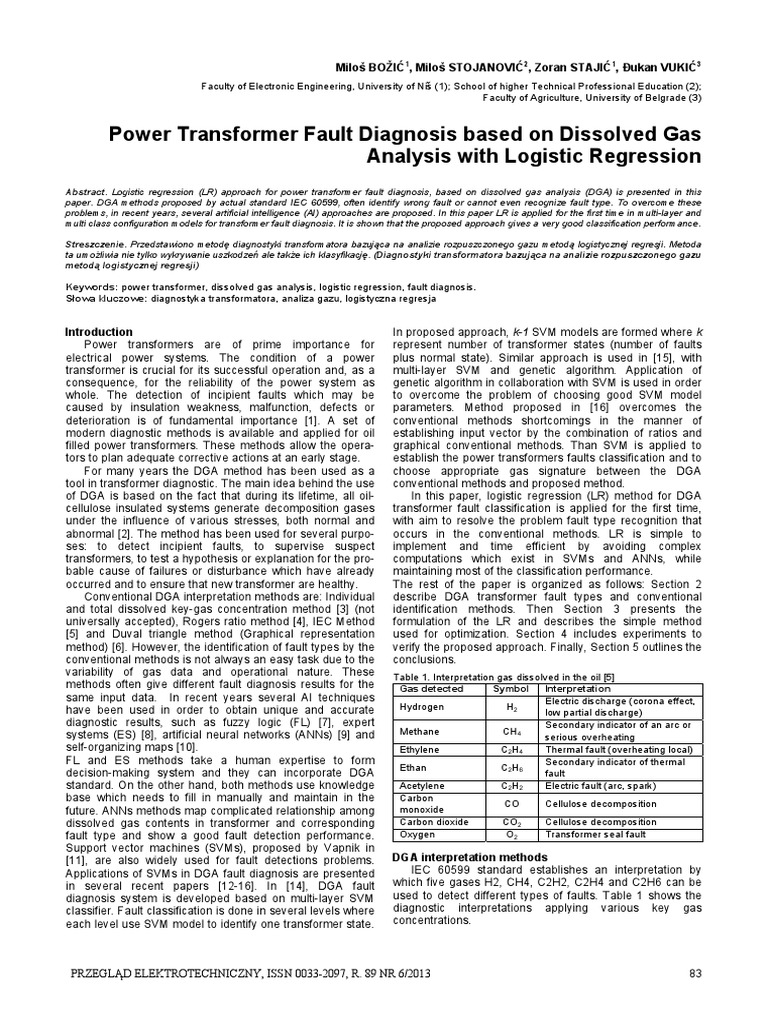 Power Transformer Fault Diagnosis Using Dissolved Gas Analysis and Logistic Regression ...