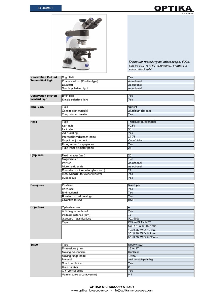OPTIKA B-383MET Technical Datasheet en | PDF | Electromagnetism | Manufactured Goods