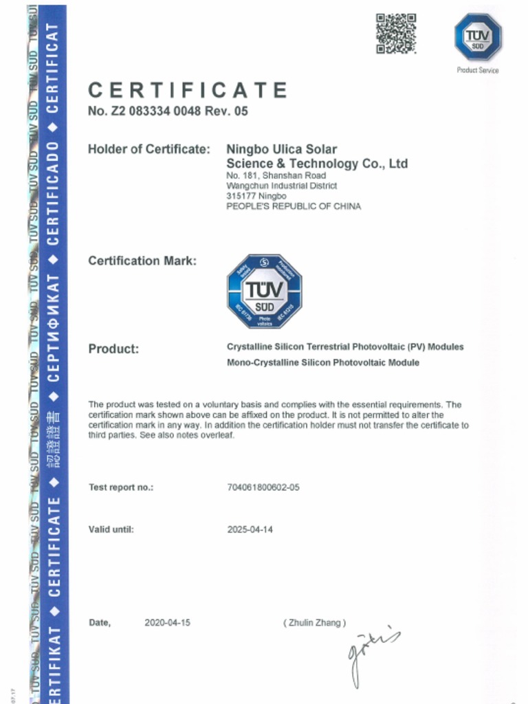 Certificado - Ulica 440 Mono - UL-440M-144 | PDF