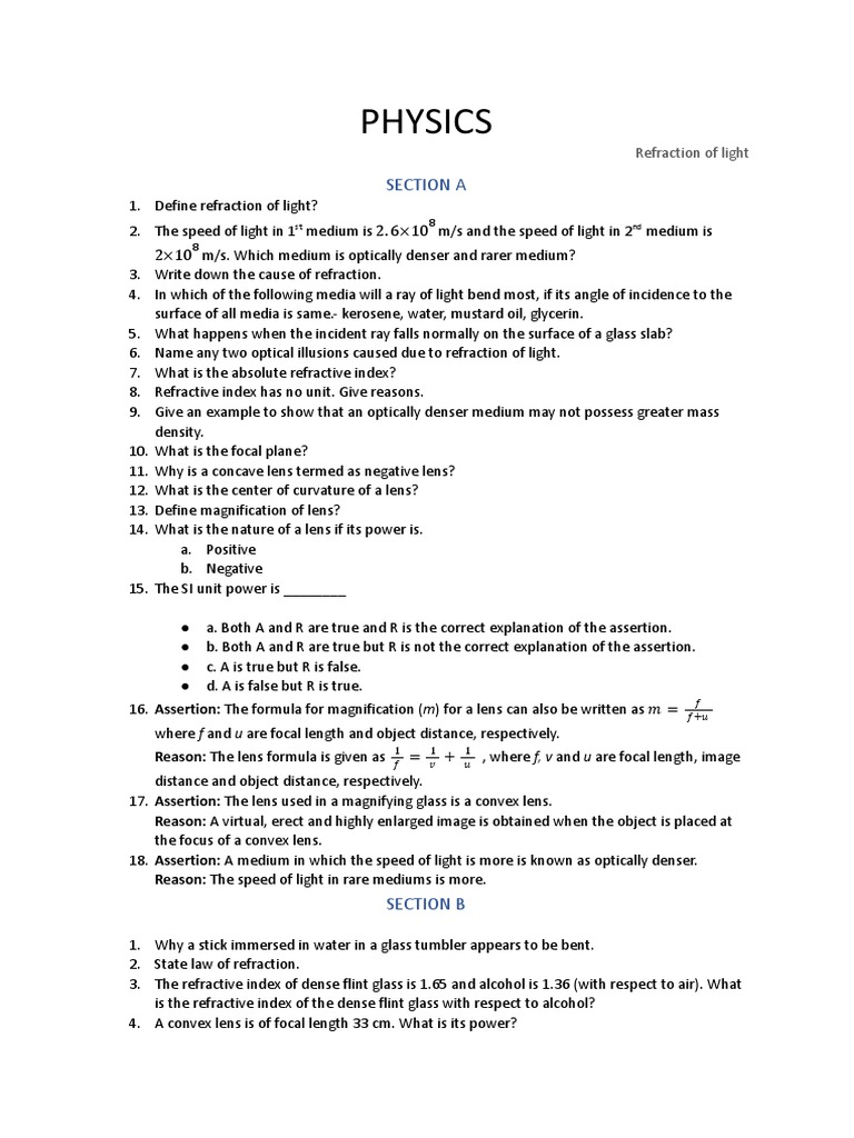 Refraction of Light Set 1 (Cbse Class X) | PDF | Refractive Index | Optics