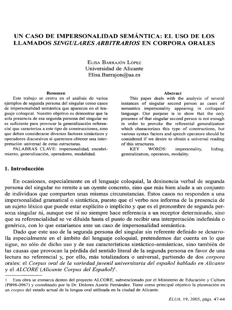 Un Caso de Impersonalidad Semantica | PDF | Asunto (gramática) | Verbo