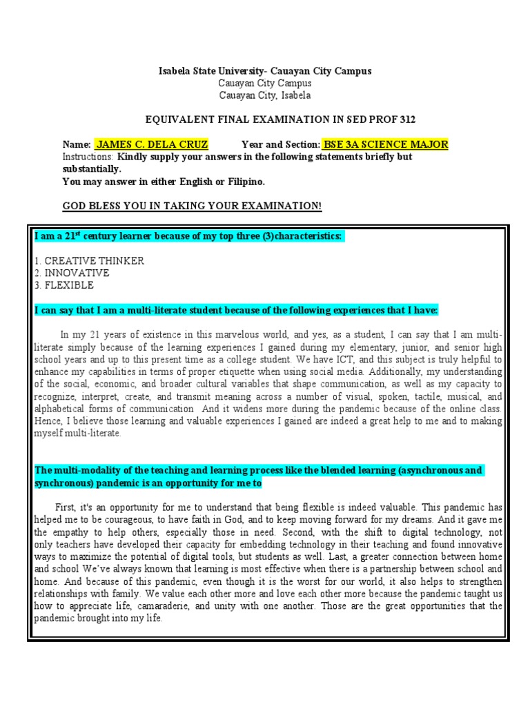 Equivalent Final Exam For SED Prof 312 | PDF | Literacy | Teachers