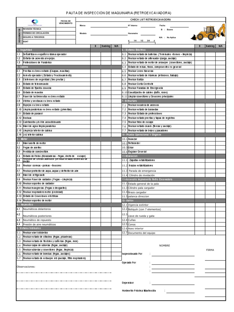 Check List Retro Excavadora | PDF | Vehículos | Componentes