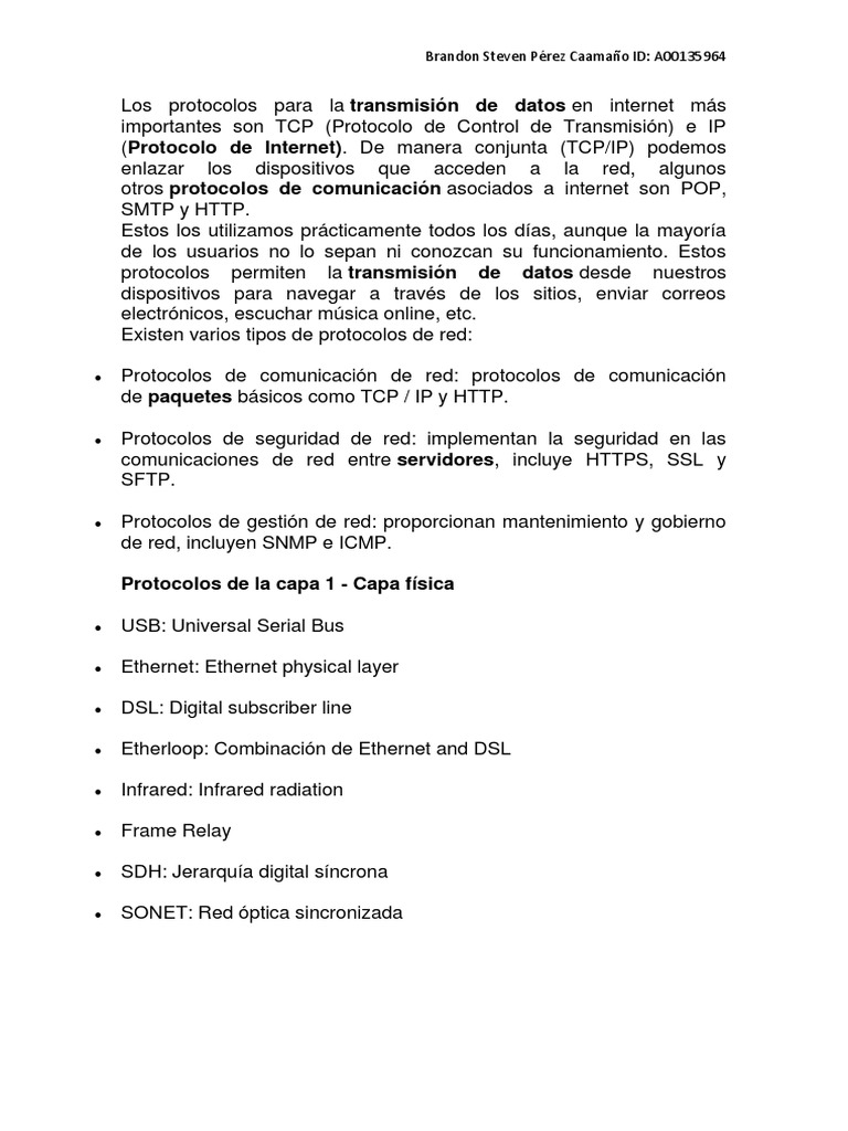Protocolos de La Capa 1 - Capa Física: Brandon Steven Pérez Caamaño ID ...