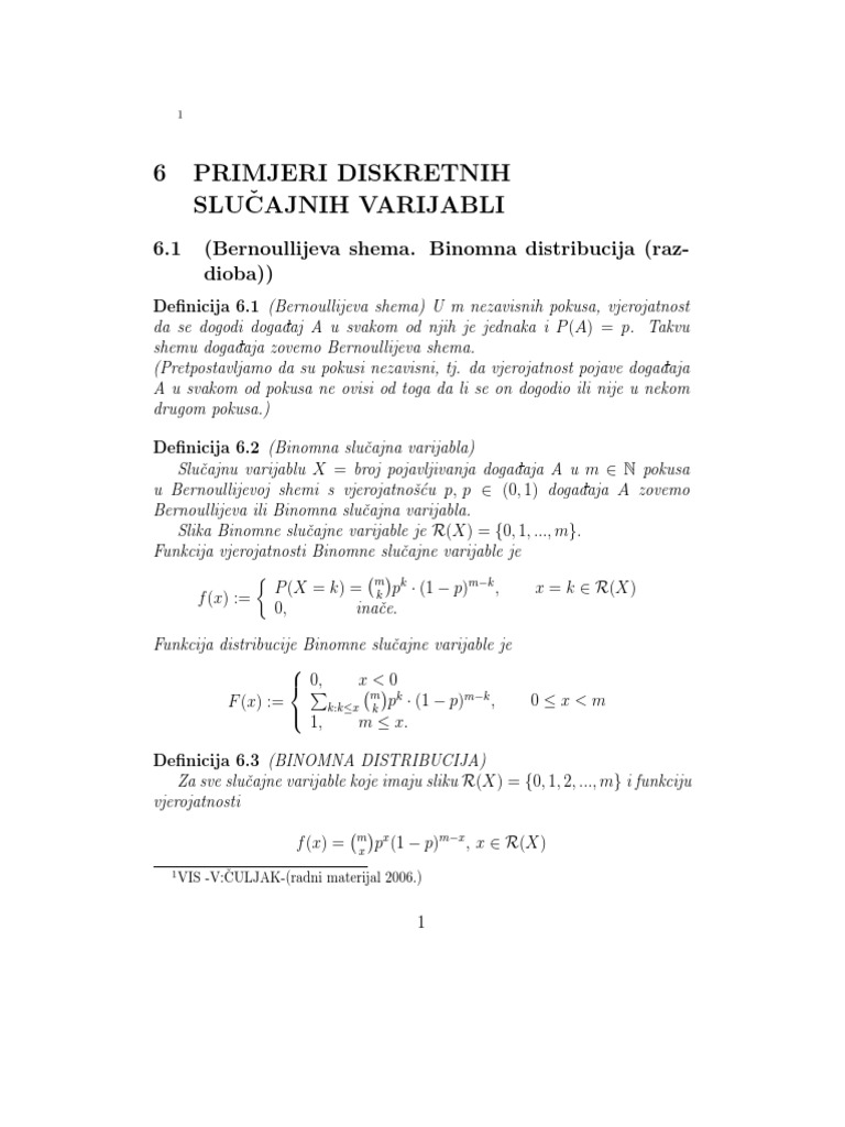 6 Primjeri Diskretnih Slu Cajnih Varijabli: 6.1 (Bernoullijeva Shema ...