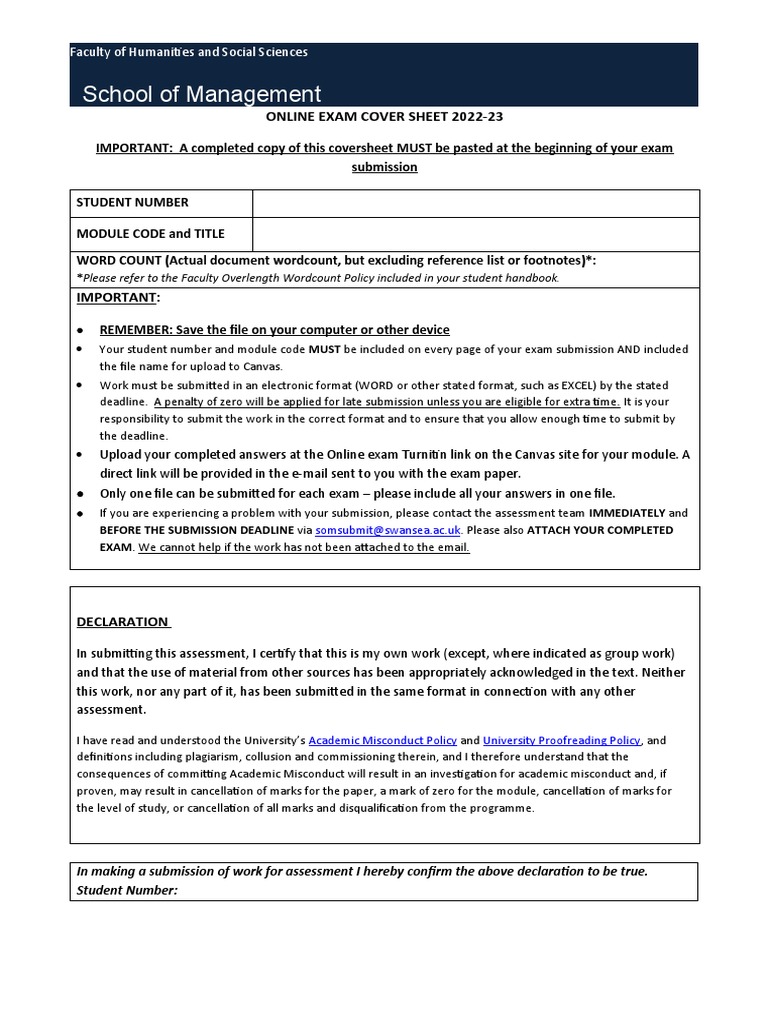 SoM Cover Sheet EXAM UPDATED | PDF | Academic Dishonesty | Turnitin