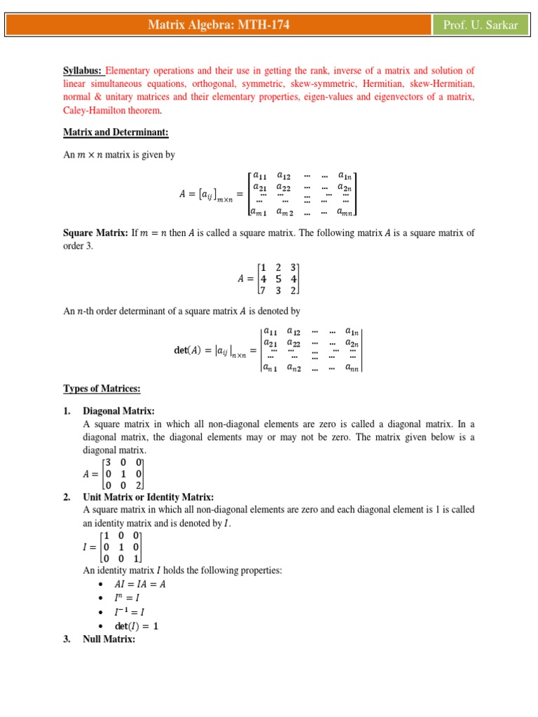 Matrix Algebra: MTH-174: Syllabus | PDF | Eigenvalues And Eigenvectors | Matrix (Mathematics)