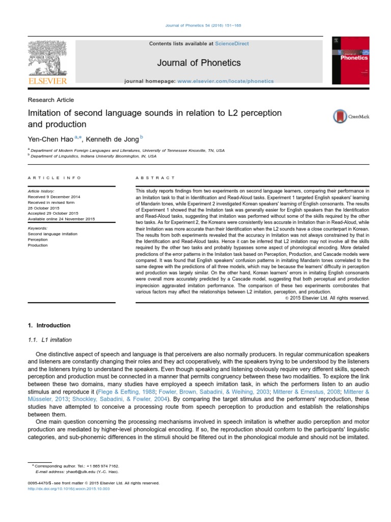Imitation of Second Language Sounds in Relation To L2 Perception and Production | PDF | Tone ...