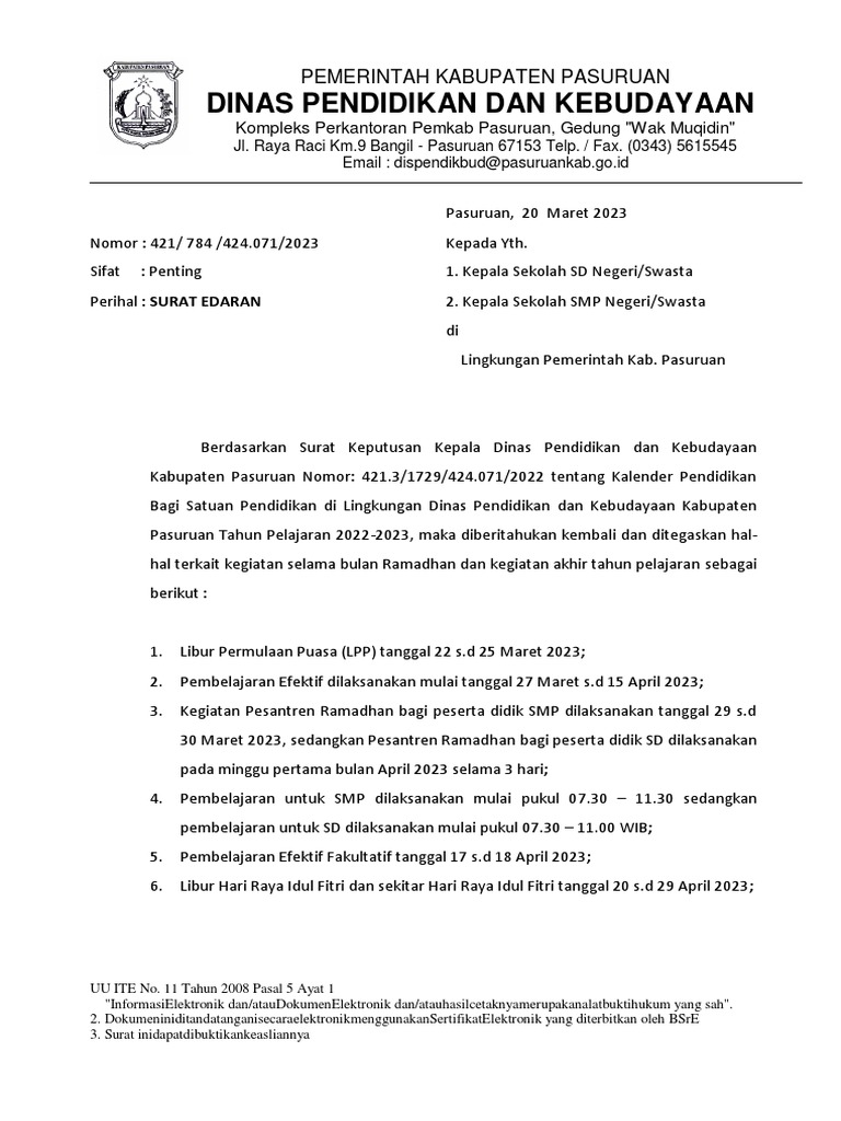 Surat Edaran Kegiatan Ramadhan | PDF