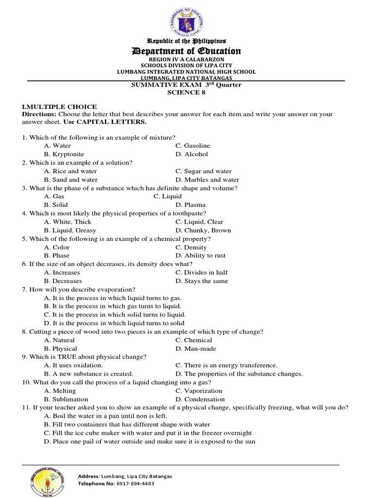Science 8 Summative Exam Q3 | PDF | Chemical Elements | Periodic Table