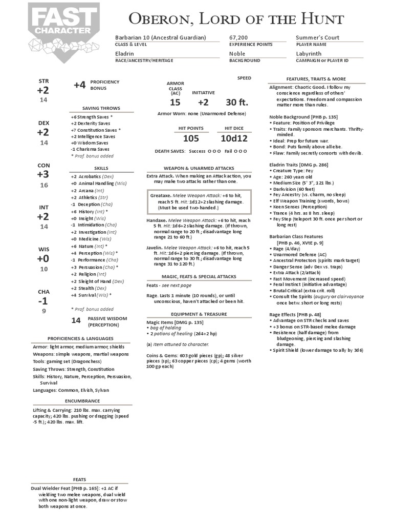 Oberon, Lord of The Hunt (Fastcharacter) | PDF | Gaming | Role Playing Games
