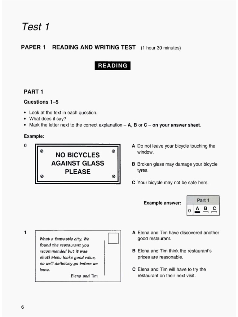 PET 3 - Test 1 - Reading and Writing | PDF
